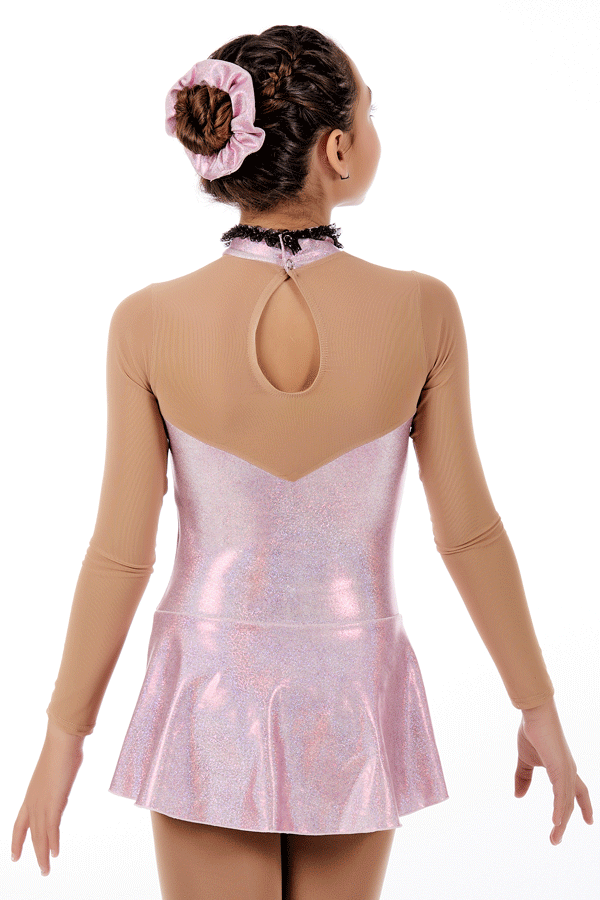 Maillot de Patinaje Artístico en Lycra Rosa Holograma y Tul Negro